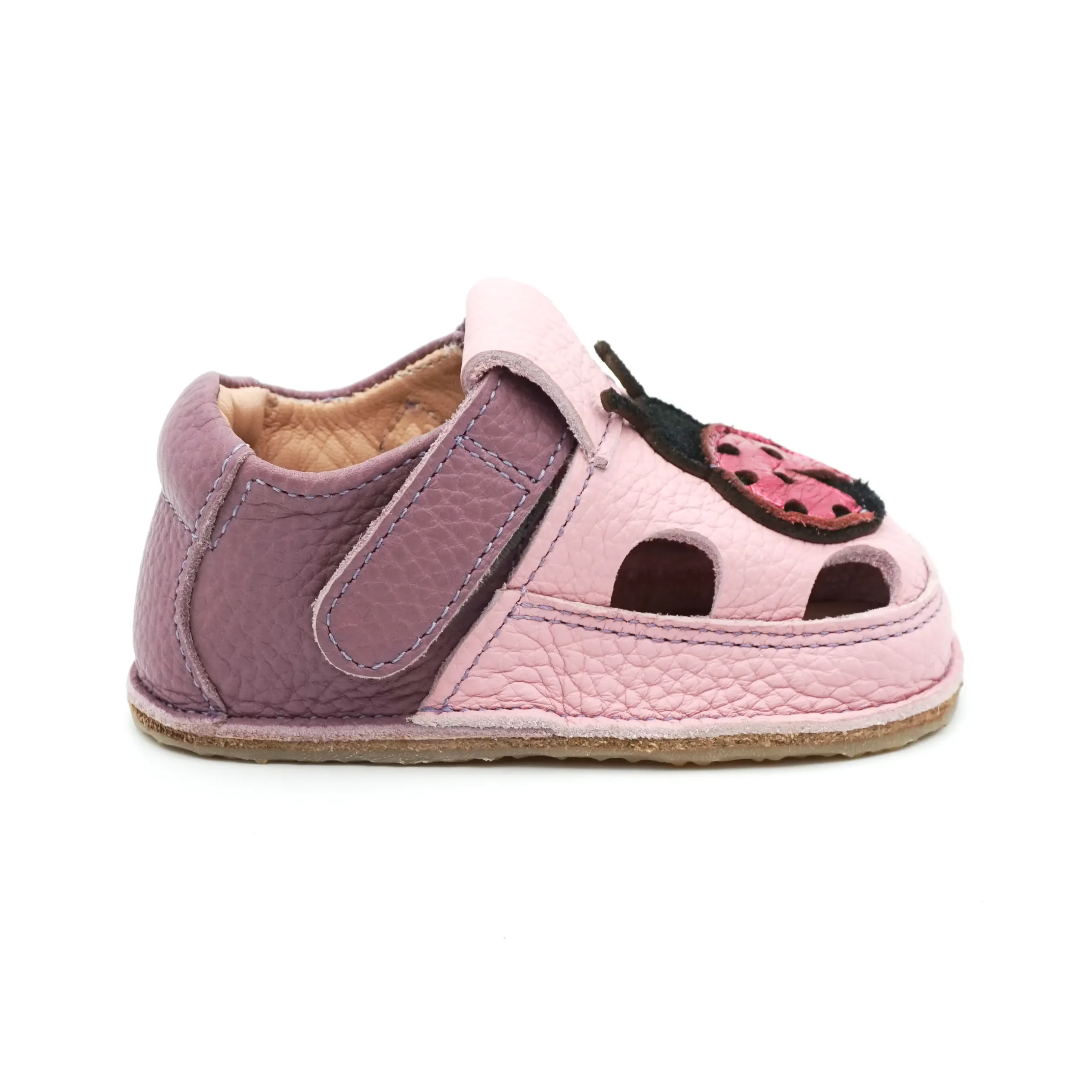 Sandale fete primii pasi barefoot, piele naturala, roz mov buburuza