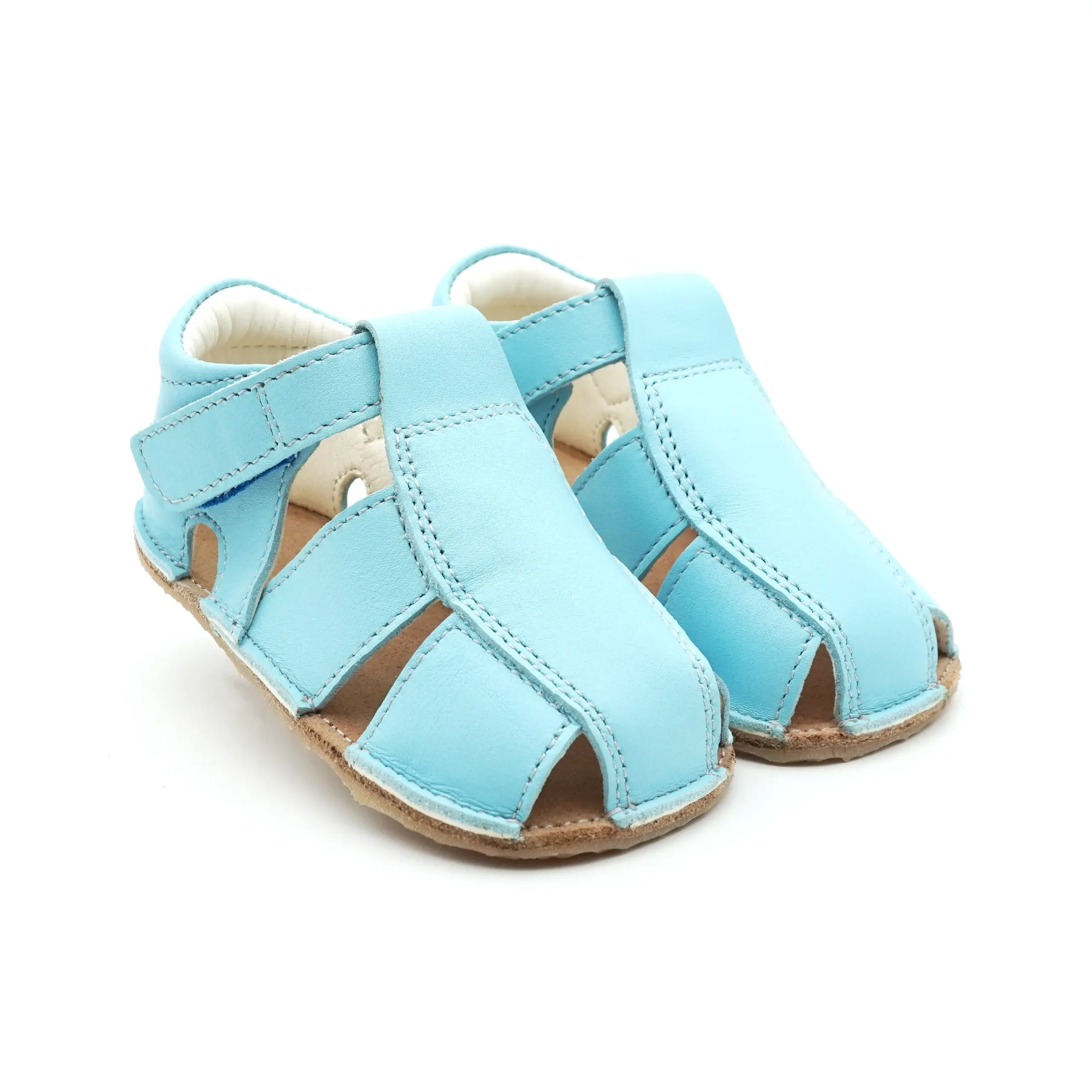 Sandalute copii primii pasi barefoot, piele naturala, albastru azur